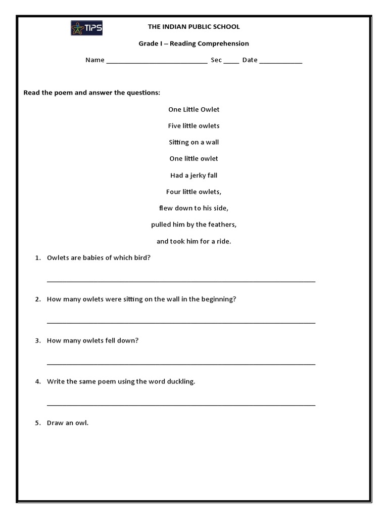 Poem and Questions for Grade I | PDF