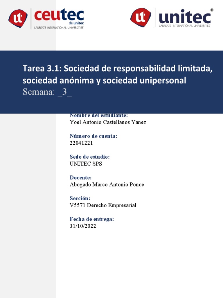 Tarea 3.1 Sociedad de Responsabilidad Limitada, Sociedad Anónima y Sociedad Unipersonal Yoel ...