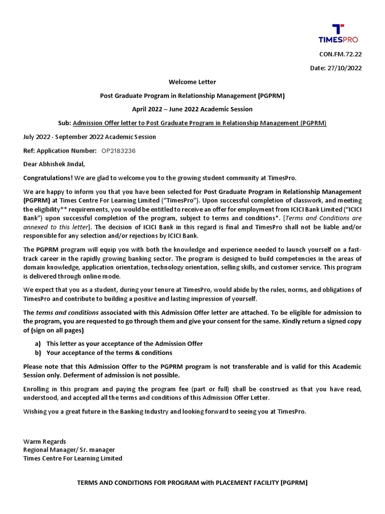 Welcome Letter Abhishek Jindal | PDF | University And College Admission ...