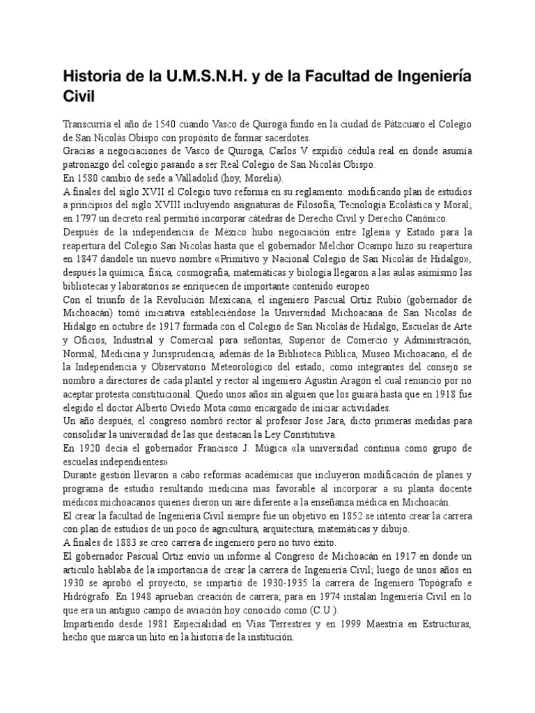 Historia UMSNH Facultad Ingeniería Civil | PDF