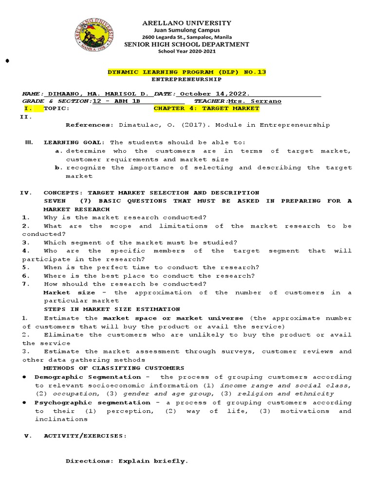Chapter 4 DLP 13 Target Market | PDF | Market Segmentation | Cognition