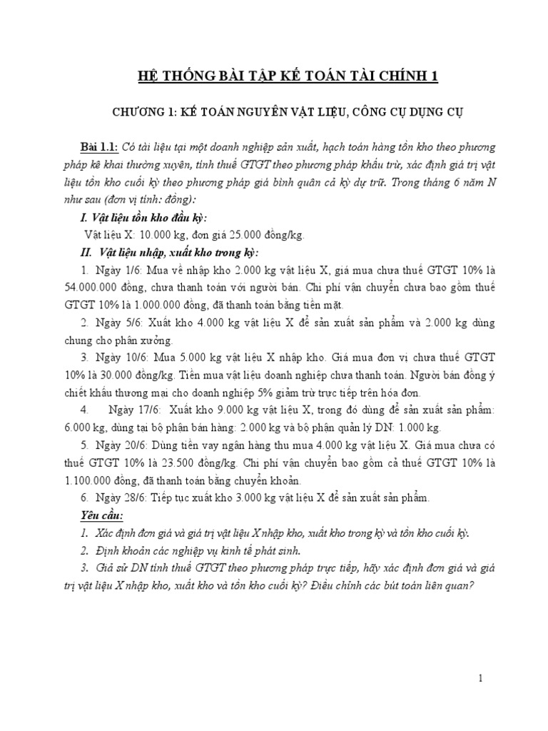 HỆ THỐNG BÀI TẬP KTTC 1 | PDF