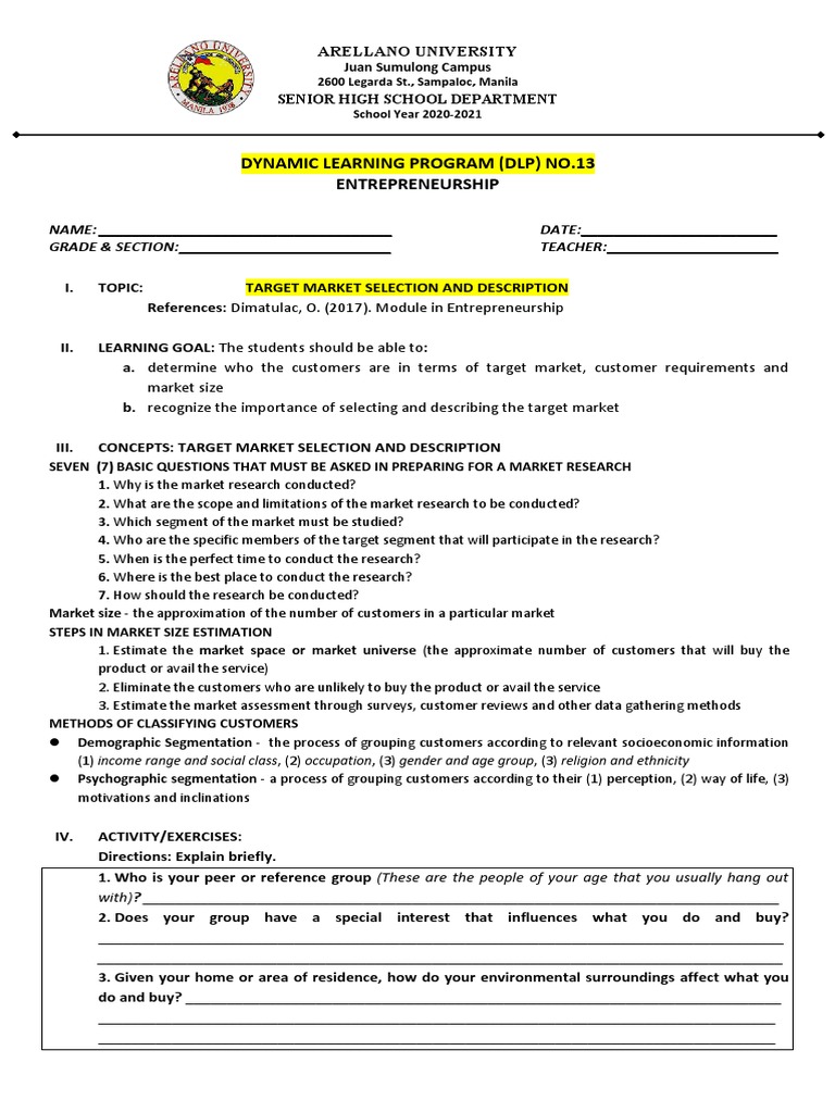 DLP 13 - Target Market Selection and Description | PDF