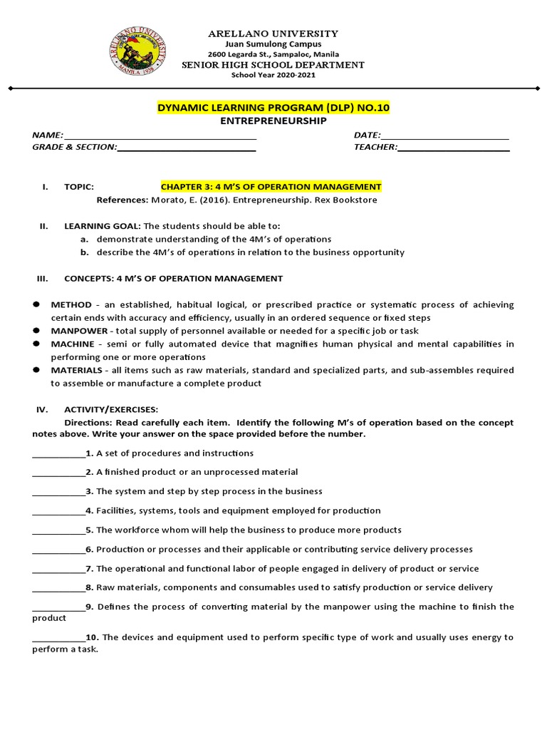 DLP No. 10 Lesson Plan on the 4 M's of Operations Management for Entrepreneurship Students | PDF ...