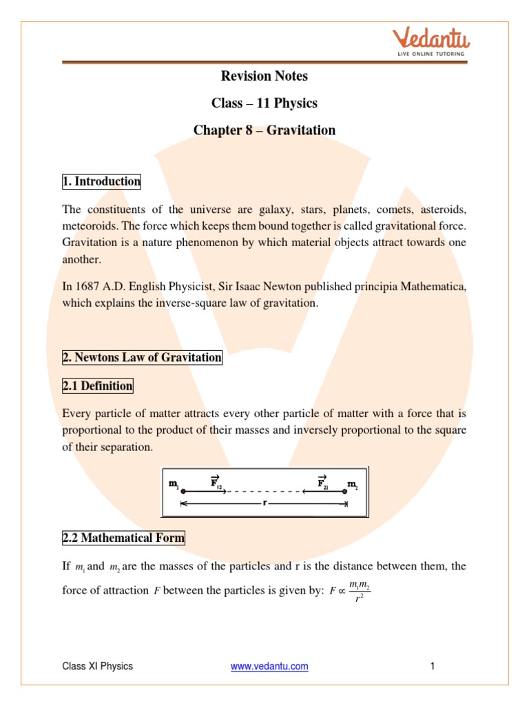 Class 11 Physics Revision Notes Gravitation | PDF