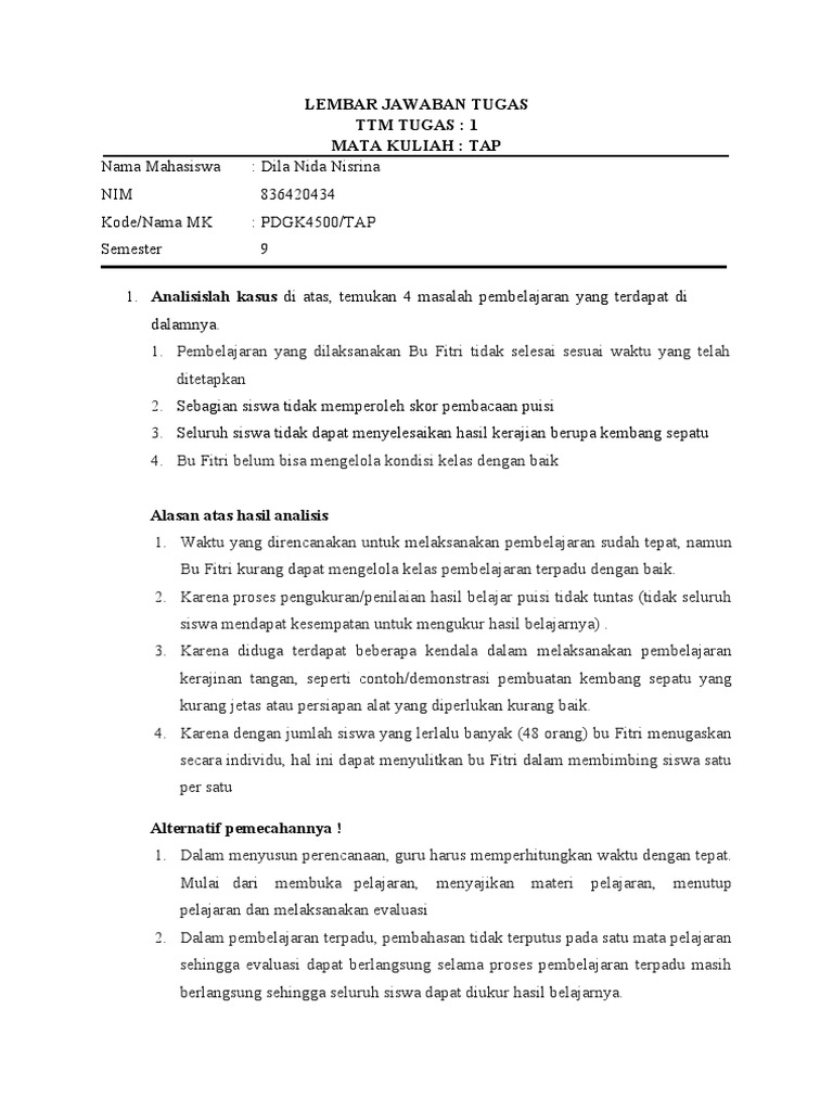 Lembar Jawaban Tugas TTM Tugas: 1 Mata Kuliah: Tap | PDF | Karier & Perkembangan | Sains ...