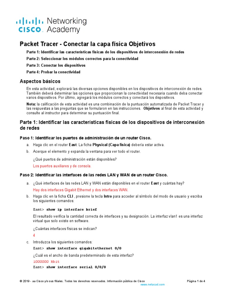 4.7.1 Packet Tracer - Connect The Physical Layer | PDF | Enrutador (Computación) | Interfaz de ...