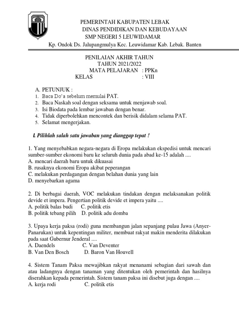 Soal PAT PPKn Kelas VIII SMP 2021/2022 | PDF | Perjalanan | Sejarah