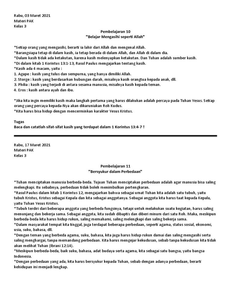 Materi PAK Kelas 3 PB 10 - 11 | PDF