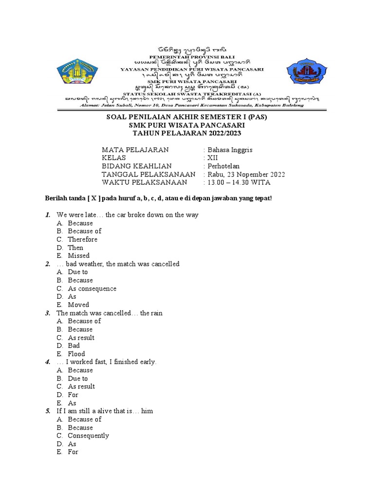 Penilaian Akhir Semester 1 Pas English Pdf Lunch Food And Drink