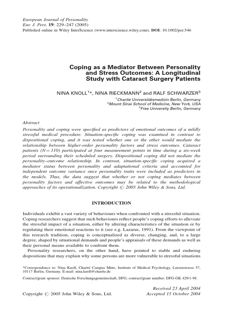 Coping As A Mediator Between Personality and Stress Outcomes | PDF