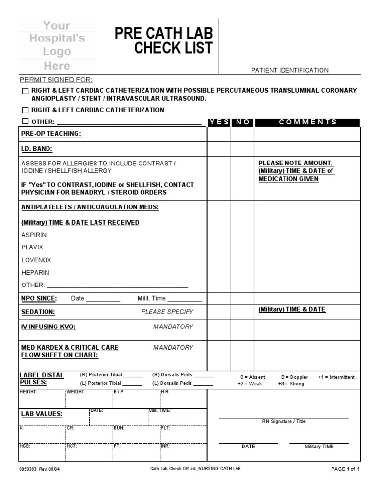 Pre Cath Lab Check List: Permit Signed For | PDF