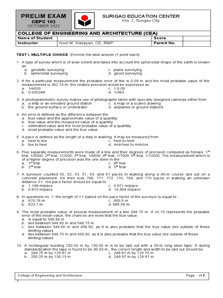 CEPC 102 SURVEYING Pre | PDF | Surveying | Measurement