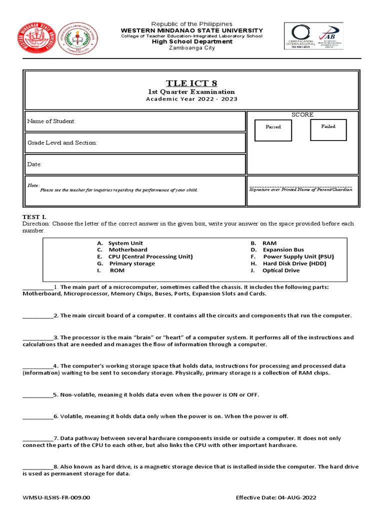 Tle Ict Grade 8 | PDF | Computer Data Storage | Computer Hardware