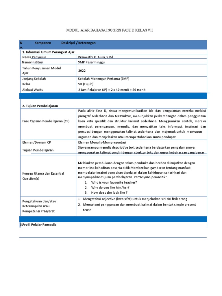 Modul Ajar Descriptive Text | PDF
