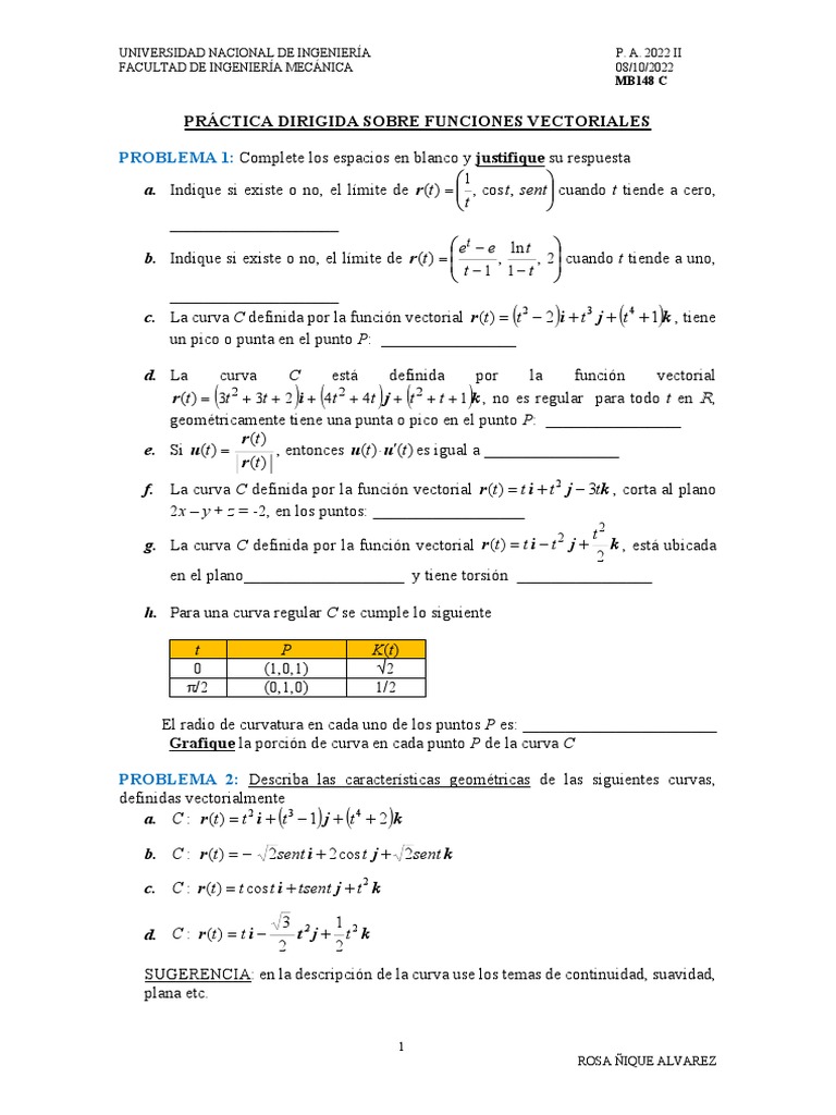 Practica Dirigida 1 MB148 2022 Ii | PDF | Curva | Vector Euclidiano