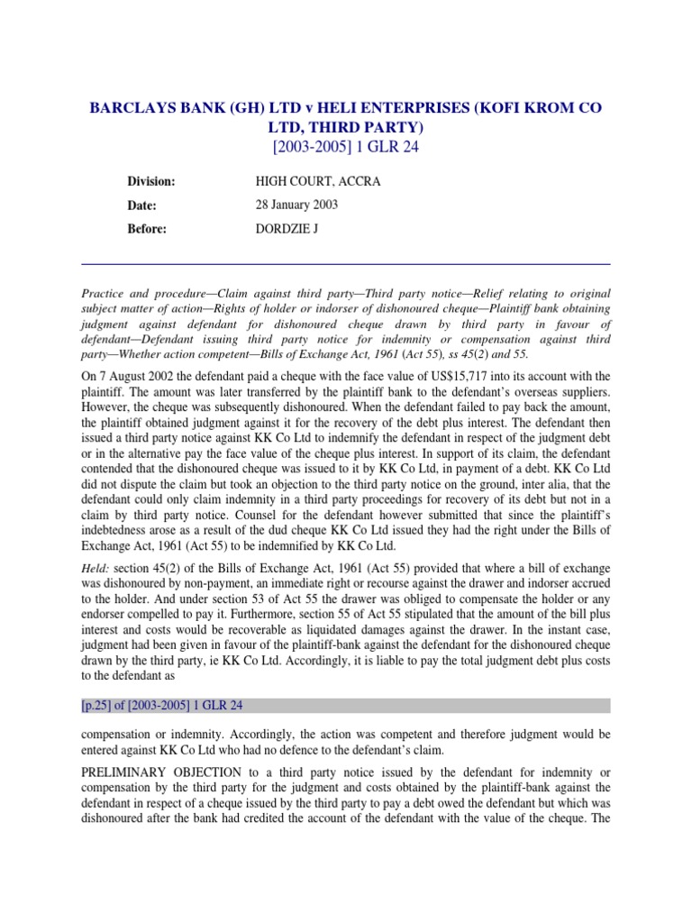 Barclays Bank (GH) LTD v. Heli Enterprises (Kofi Krom Co LTD, Third Party) | PDF | Cheque ...