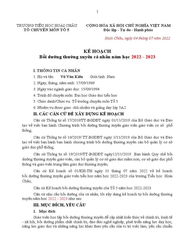 1 Kế hoạch BDTX cá nhân (22-23) Kiên | PDF