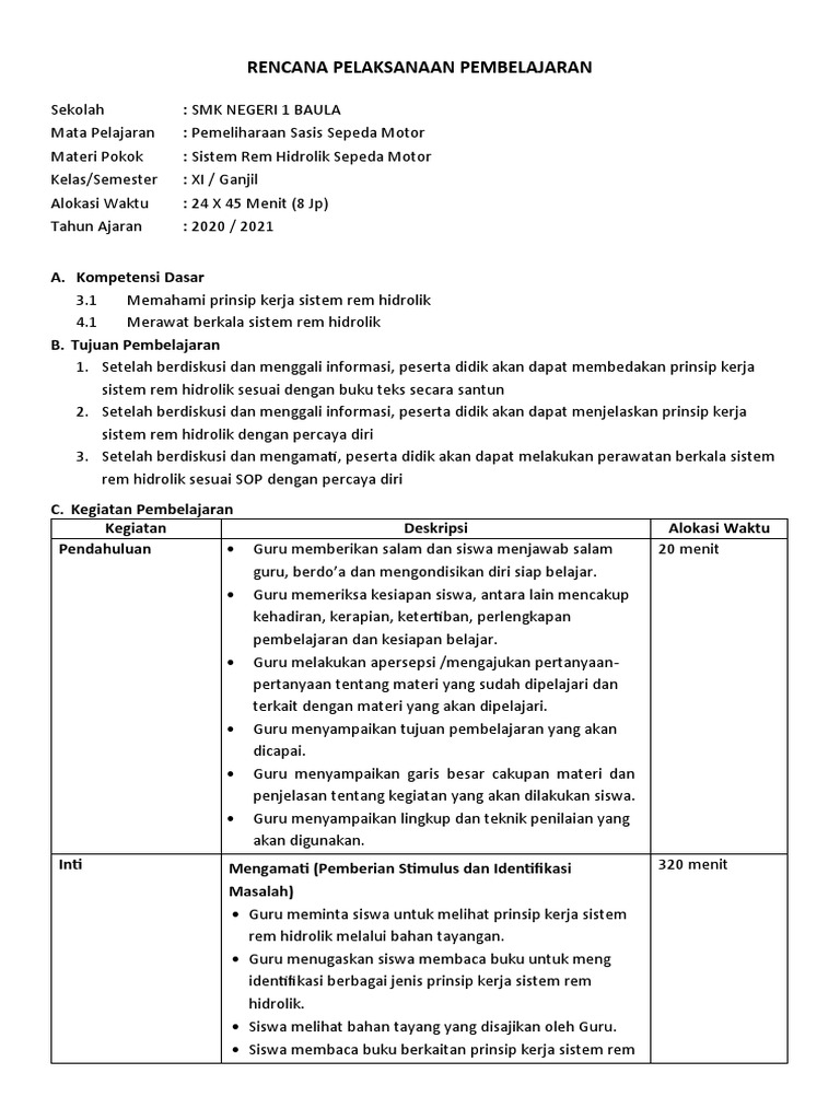 RPP Pemeliharaan Sasis Sepeda Motor KD 1 | PDF