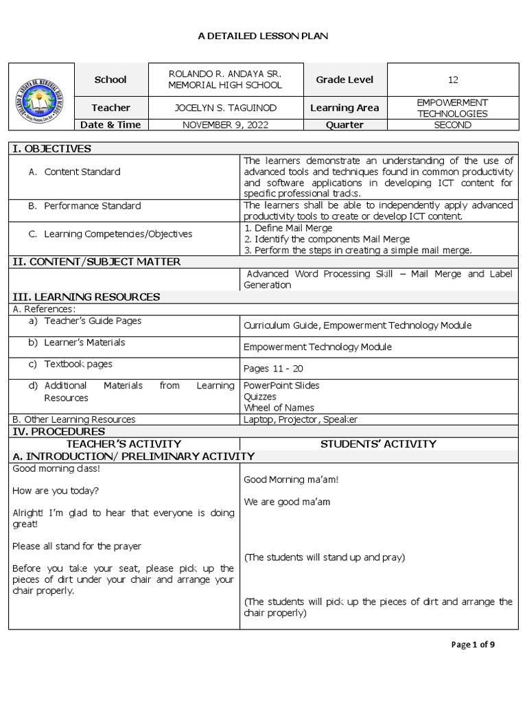 Detailed Lesson Plan - Mail Merge | PDF | Educational Technology | Document