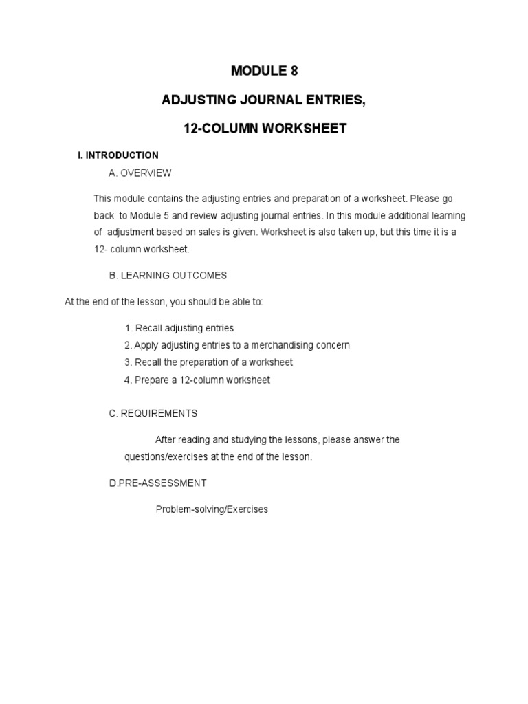 Adjusting Entries and 12-Column Worksheet | PDF | Debits And Credits | Corporate Jargon