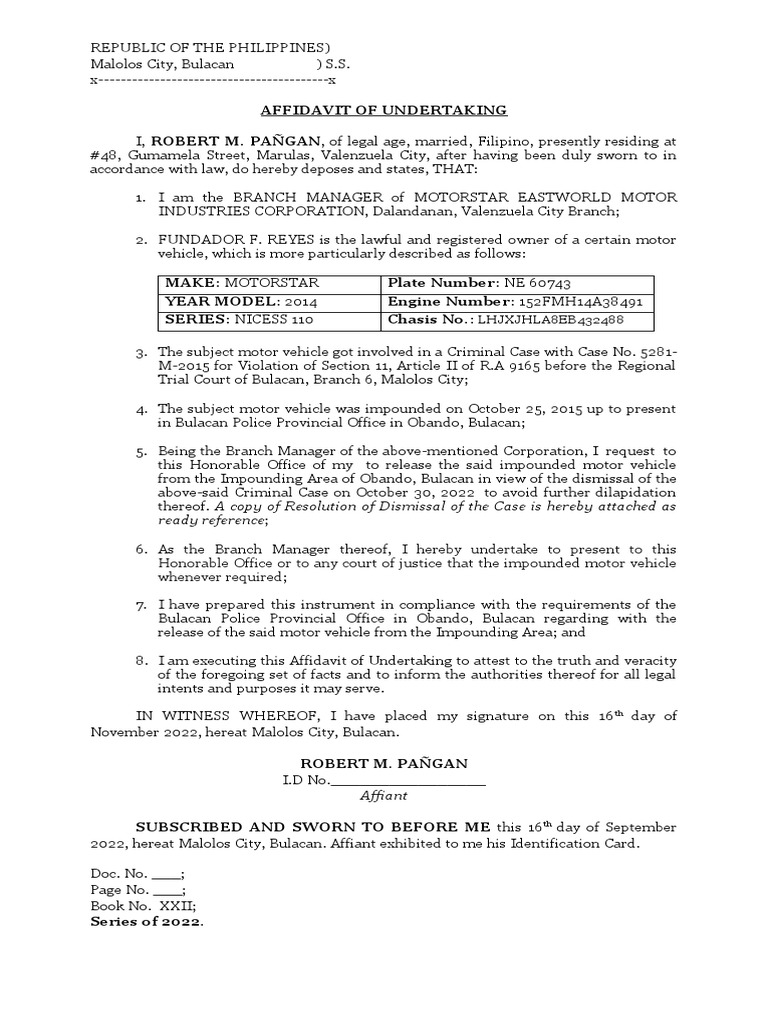 Affidavit of Undertaking For IMPOUND VEHICLE PAÑGAN | PDF | Affidavit | Justice
