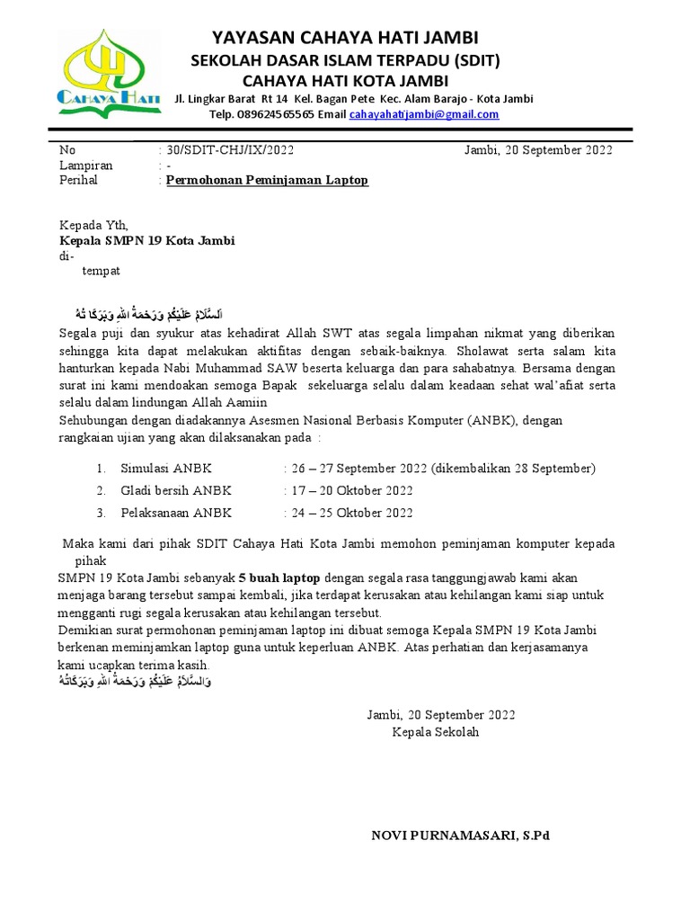 Surat Peminjaman Laptop ANBK | PDF