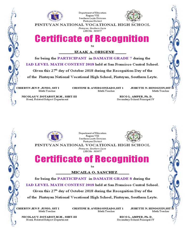 Cerificate of Recognition Math | PDF