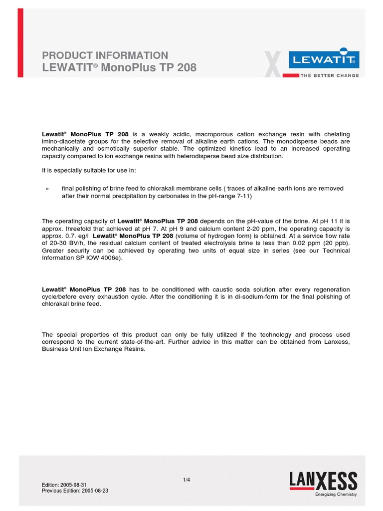 Product Data Sheet - LEWATIT MonoPlus TP 208 | PDF | Ph | Ion Exchange