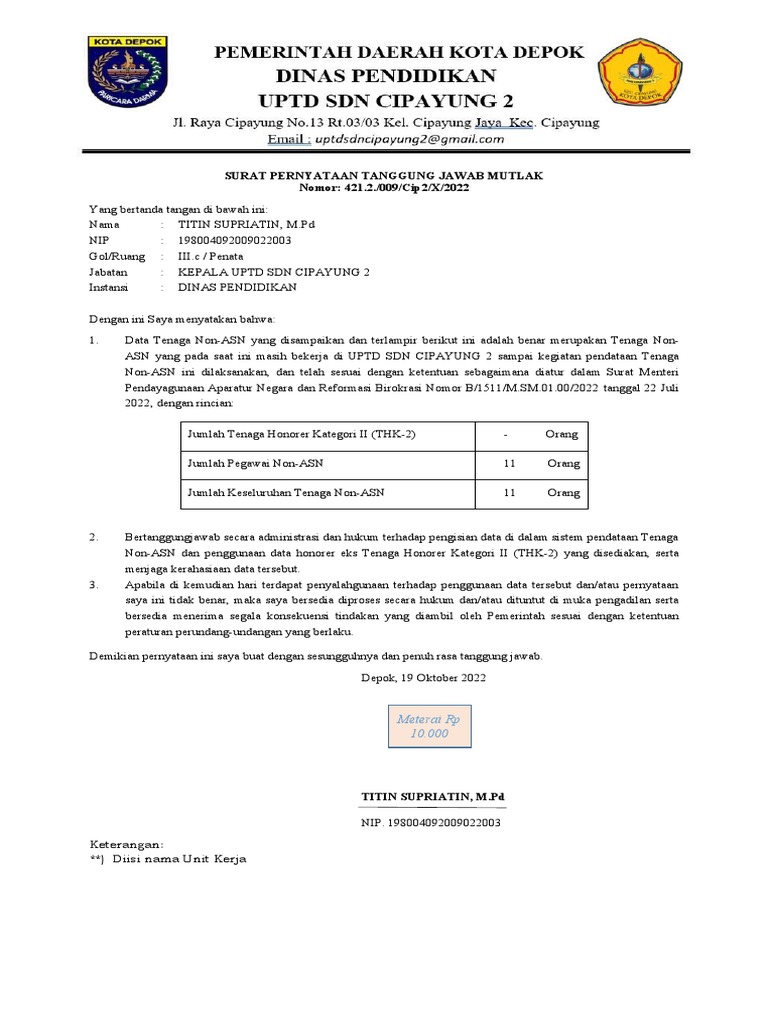 Format - SPTJM - Kepala Sekolah - Cip 1 | PDF