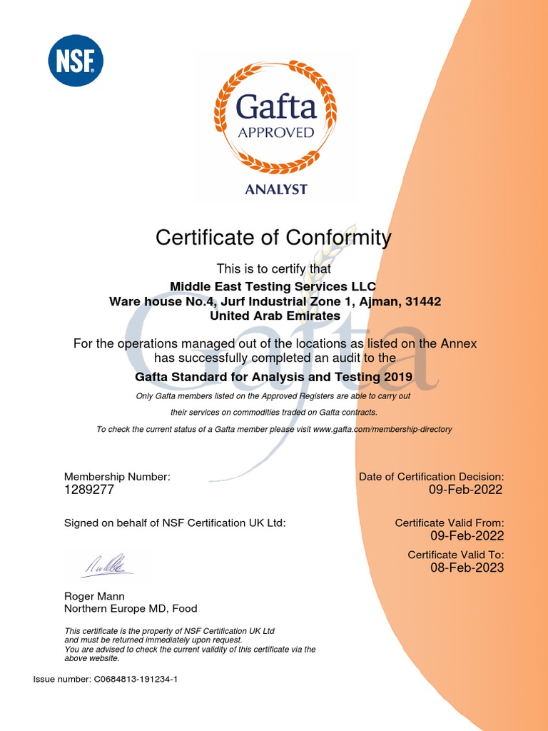 Gafta Certificate | PDF