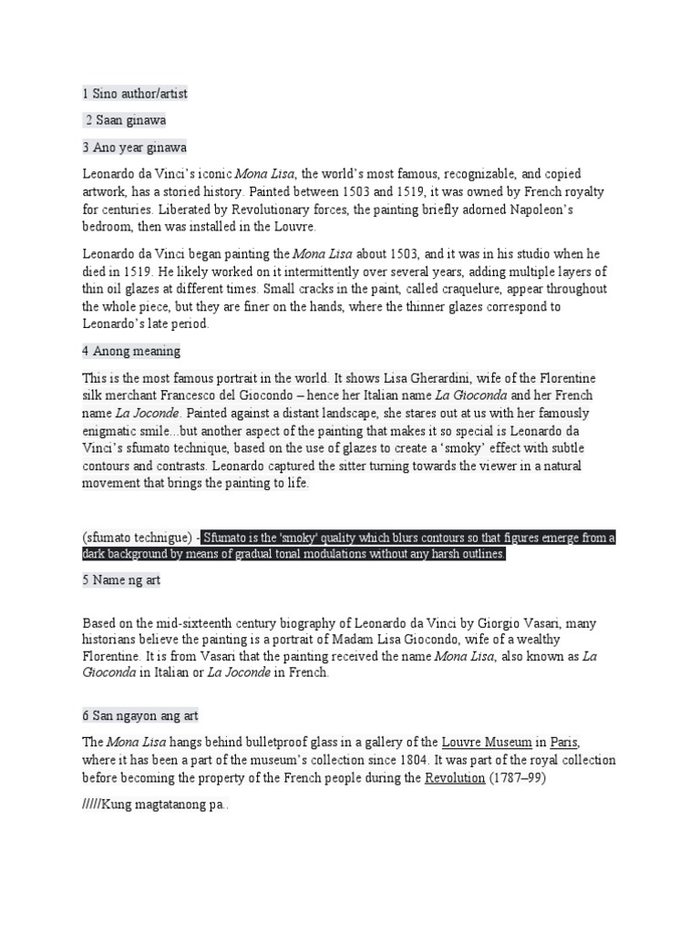 Mona Lisa Pdf The Arts Plastic Arts