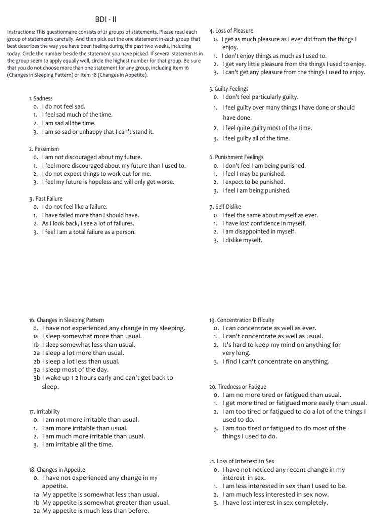 Bdi Ii PDF | PDF | Major Depressive Disorder | Concussion