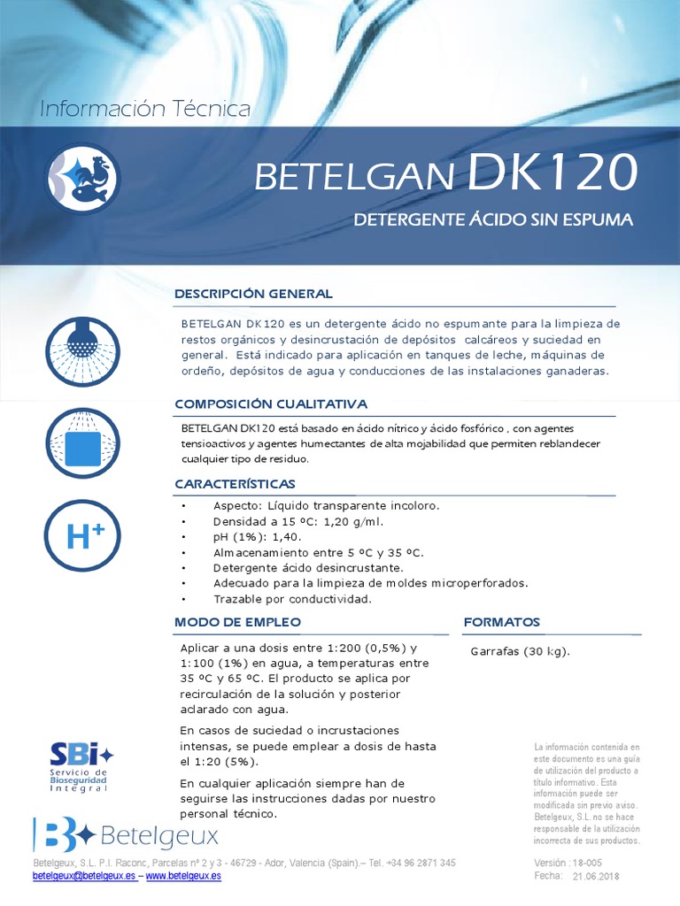 FT Betelgan DK120-18-005 | PDF | Hidróxido de sodio | Detergente