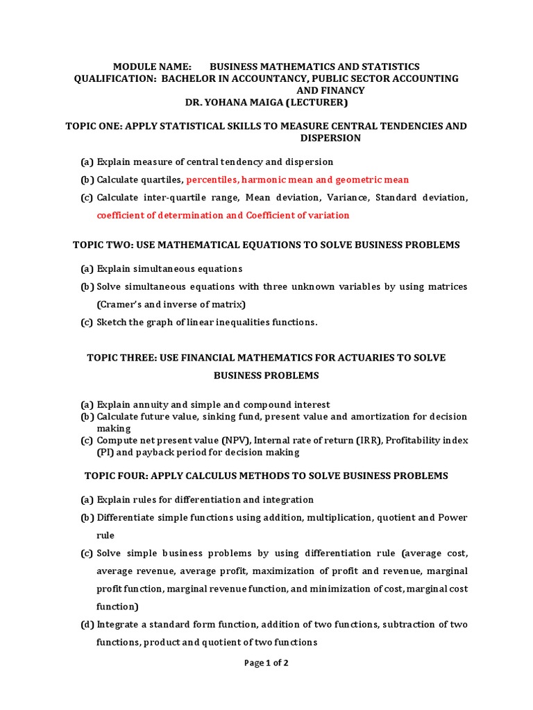 Course Outline Business Mathematics and Statistics | PDF