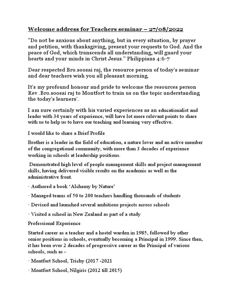 Welcome Address For Teachers Seminar | PDF