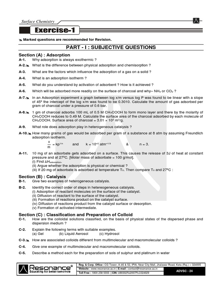 Surface Chemistry Exercises | PDF | Adsorption | Colloid