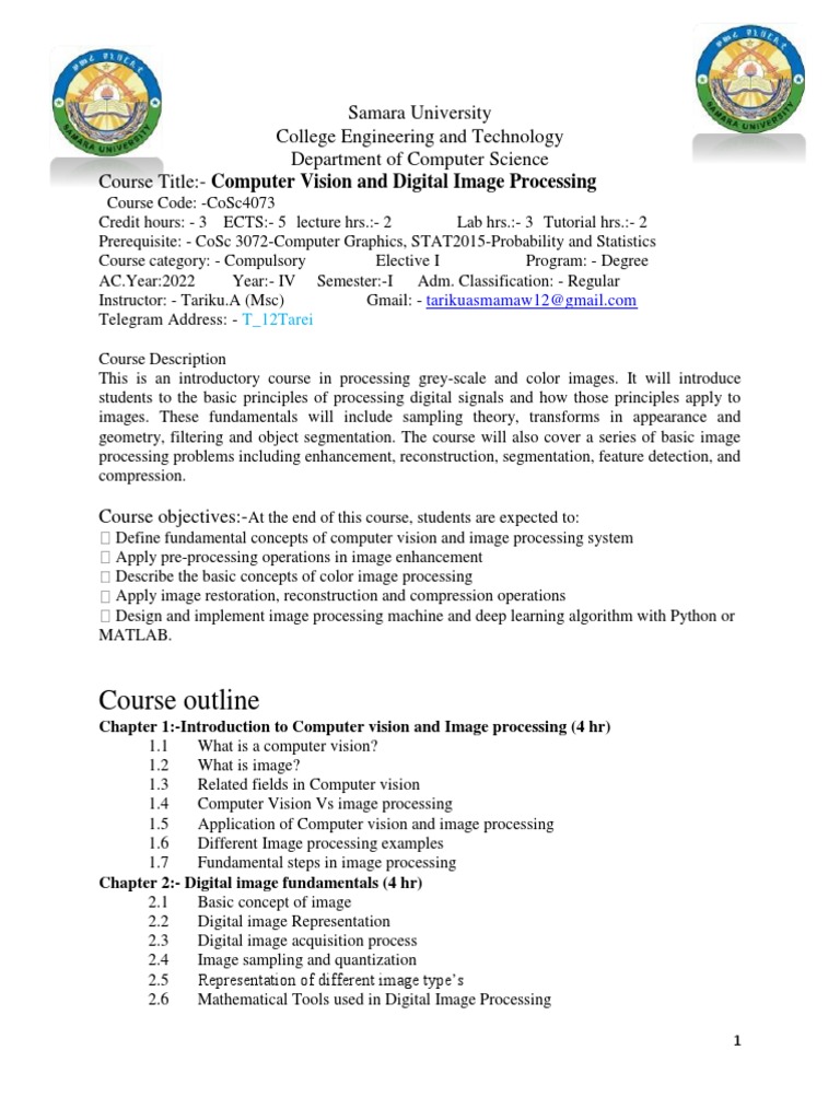 CV and DIP Coures Outline | PDF | Deep Learning | Computer Vision
