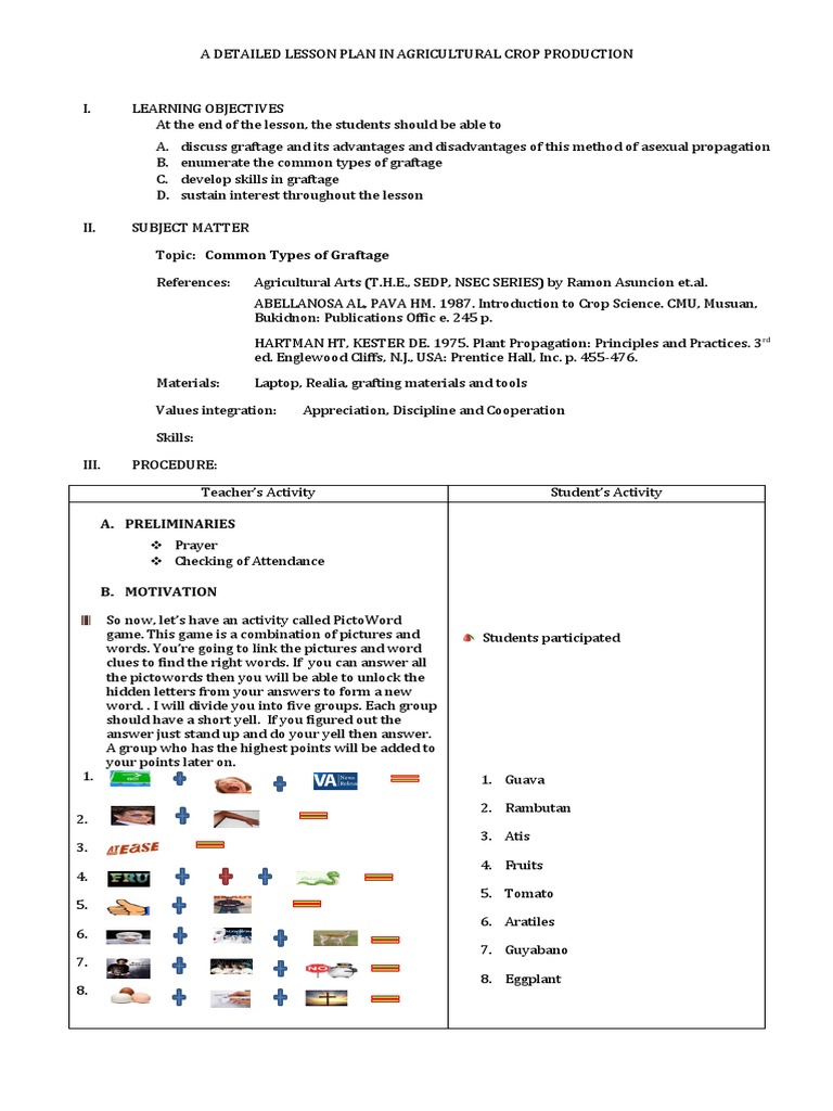 A Detailed Lesson Plan On Agricultural Crop Production | PDF