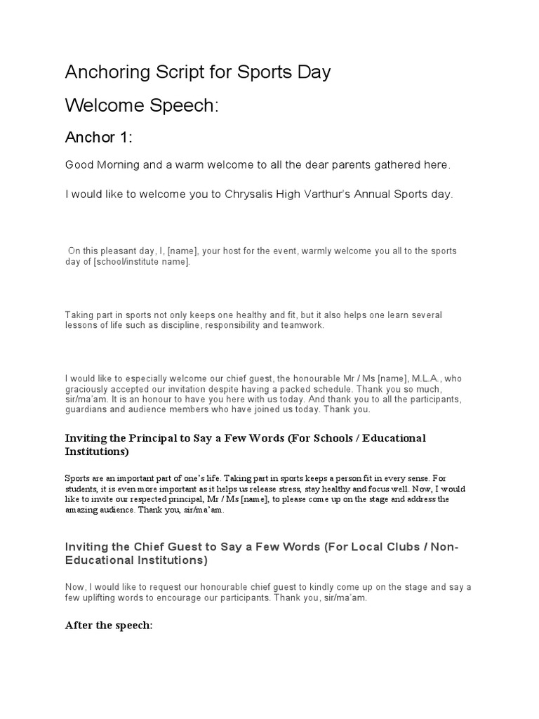 Anchoring Script For Sports Day Welcome Speech:: Anchor 1 | PDF