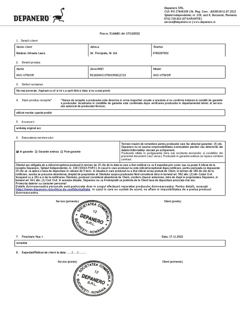 Fisa Service Nr. 5144481 Din 17-11-2022 | PDF