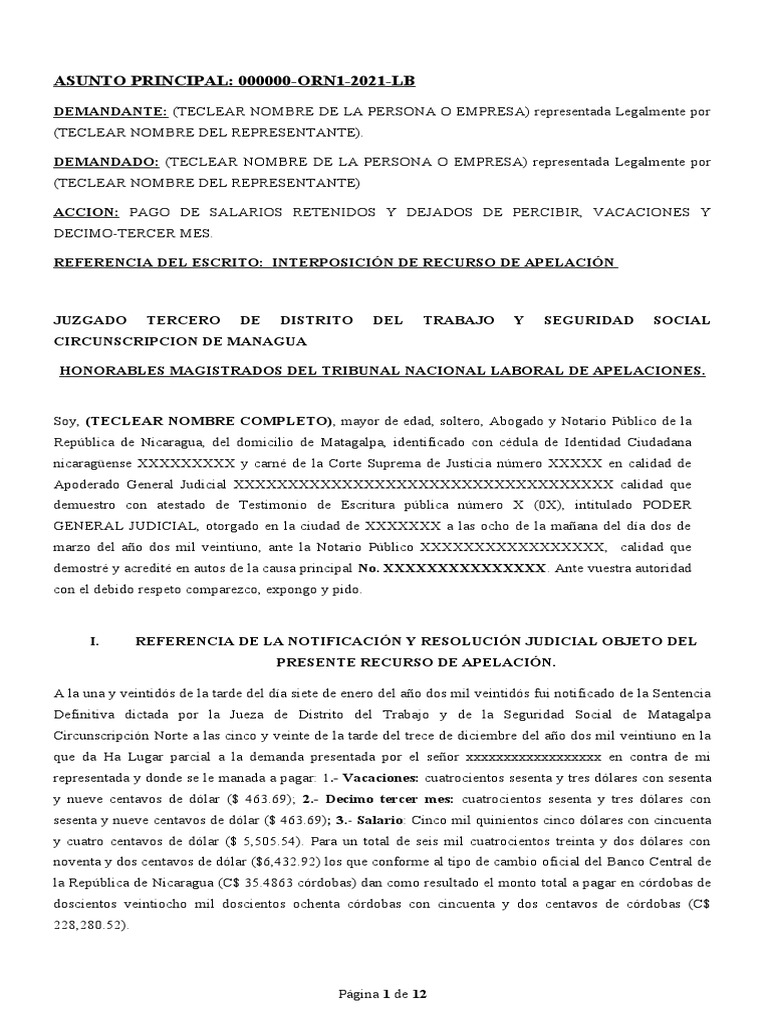 Recurso de Apelación Laboral de Nicaragua CPTSS | PDF | Debido al ...
