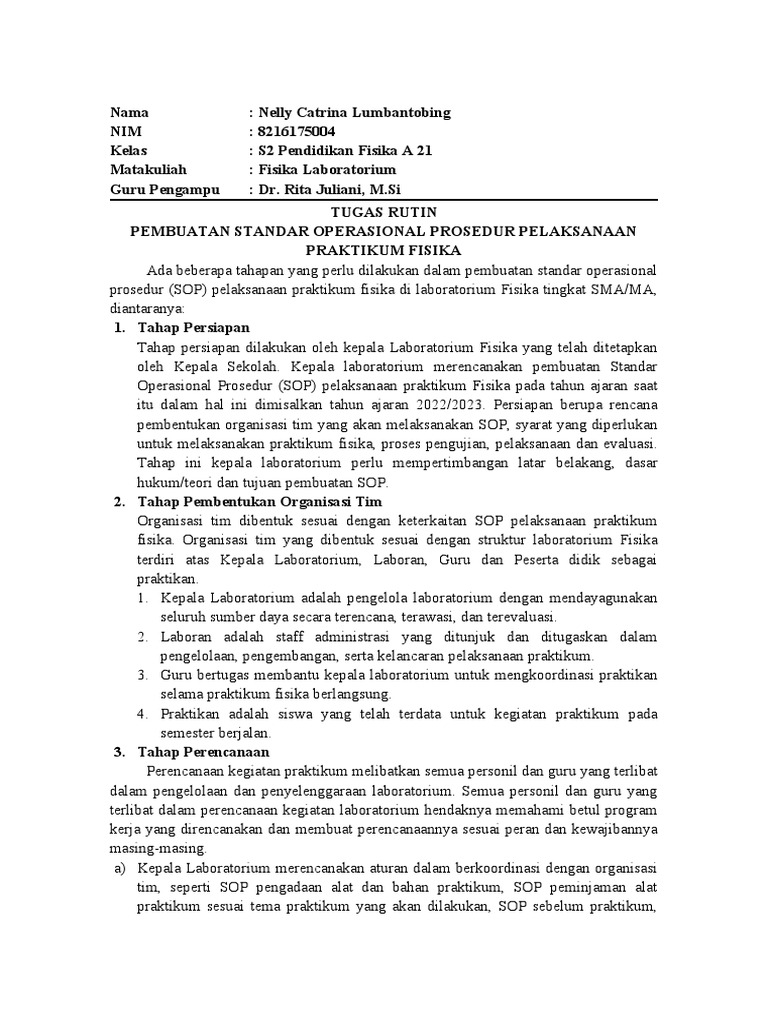 Nelly Catrina Lumbantobing. PPs PEND. FISIKA A. FISIKA LABORATORIUM - Pembuatan SOP Di ...