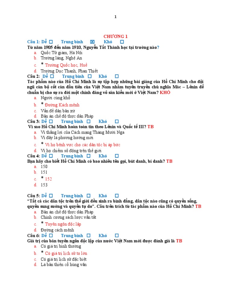 Tong-Hop-Cau-Hoi-Trac-Nghiem-Tu-Tuong-Ho-Chi-Minh (Theo Chuong) | PDF