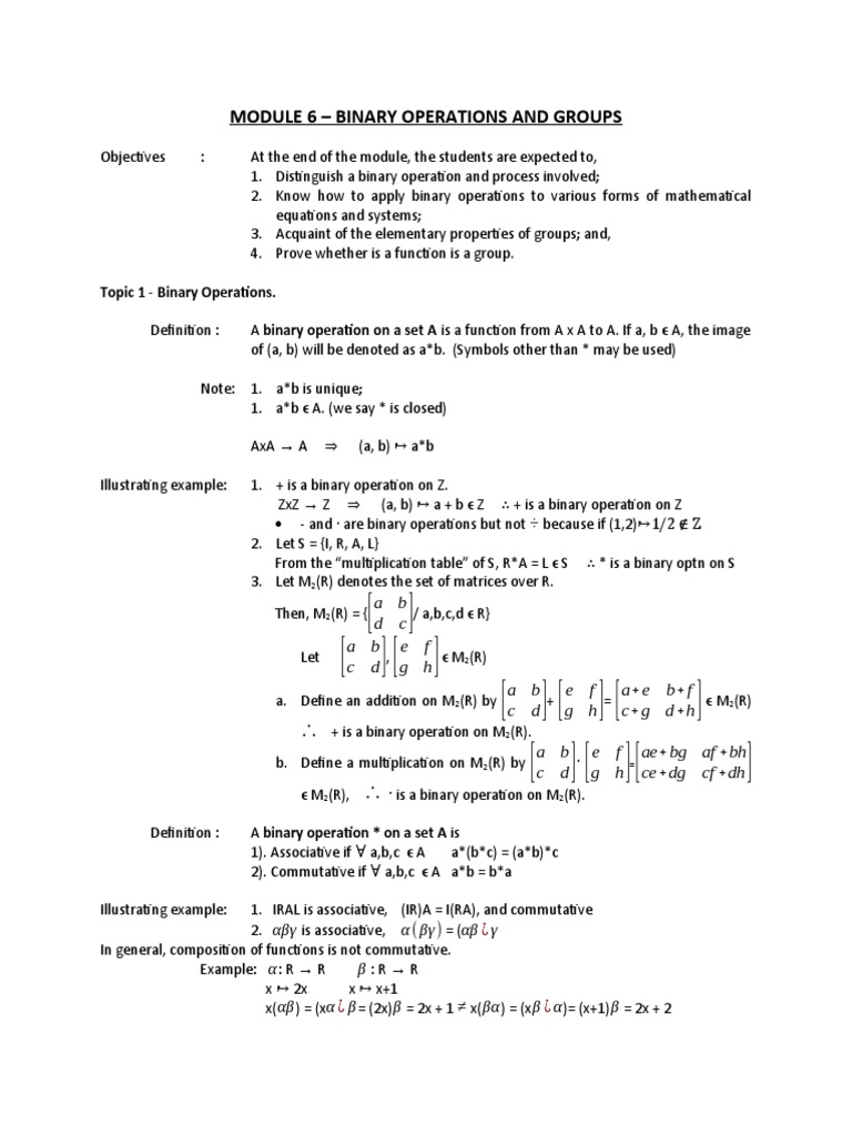 Advanced Algebra: Binary Ops & Groups | PDF