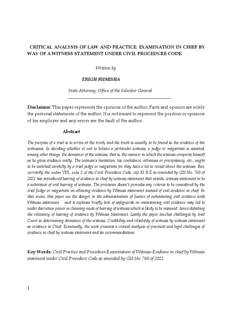 Examination in Chief: Witness Statements Analysis | PDF | Witness | Lawsuit