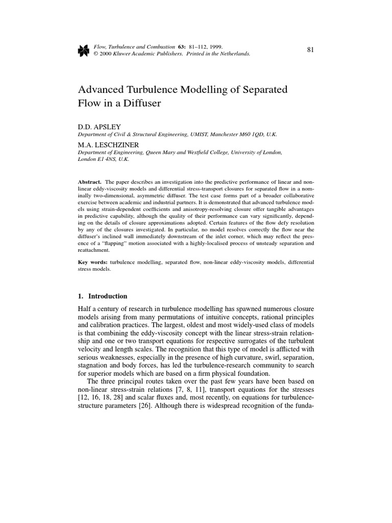 Advanced Turbulence Modelling of Separated Flow in A Diffuser | PDF