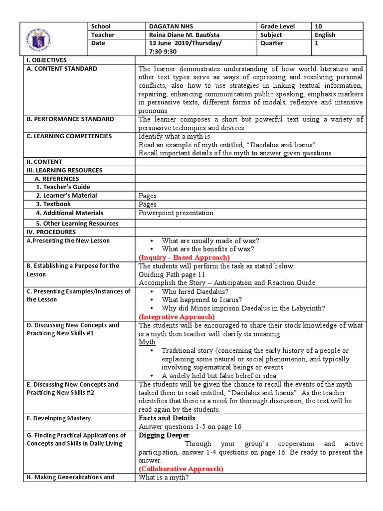 Myth Daedalus and Icarus Lesson Plan | PDF | Learning | Teachers