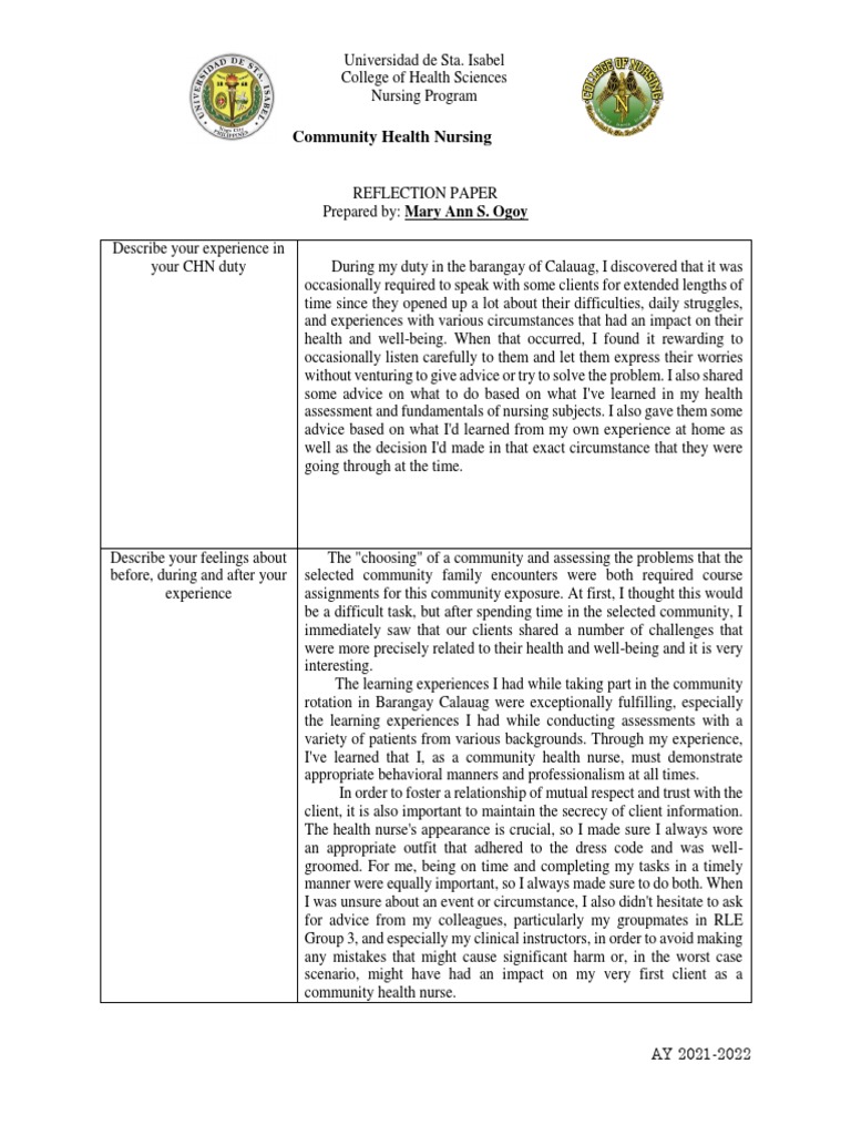 Reflection Paper Template | PDF | Nursing | Experience