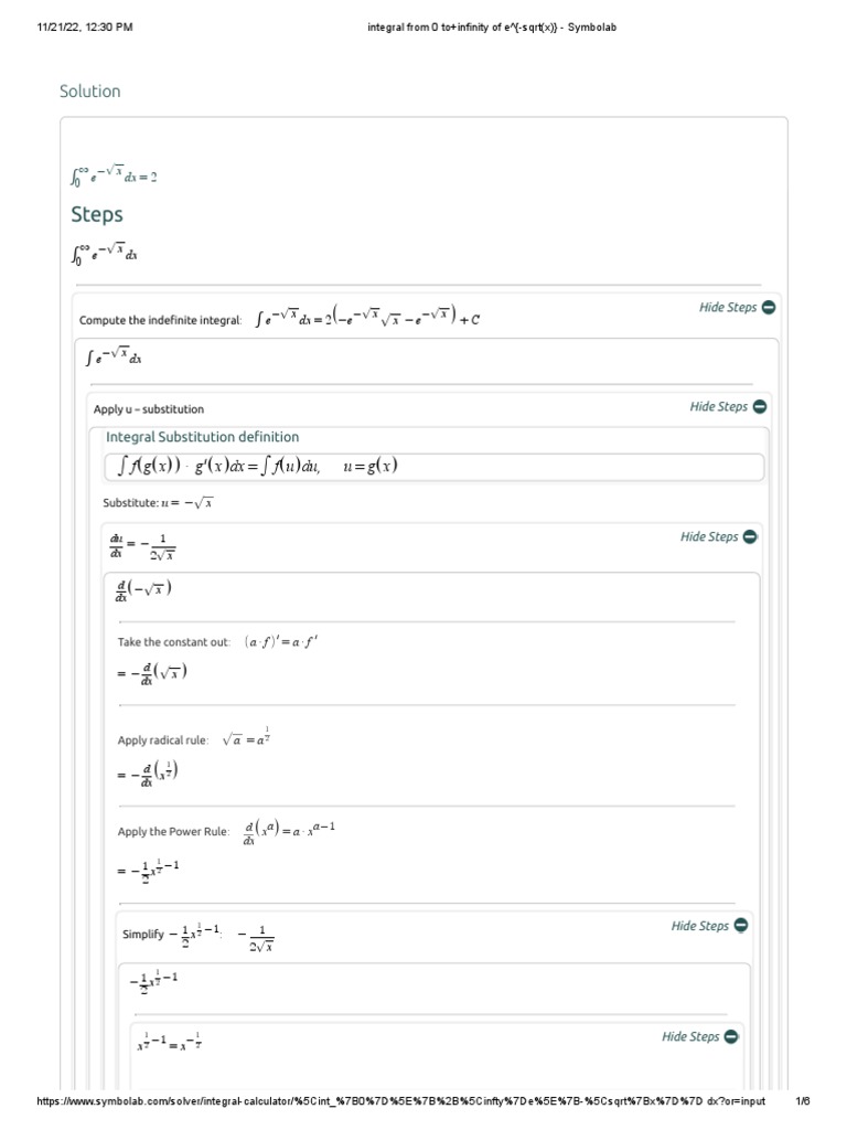 Integral of e^(-sqrt(x)) Solution | PDF | Algebra | Mathematical Concepts